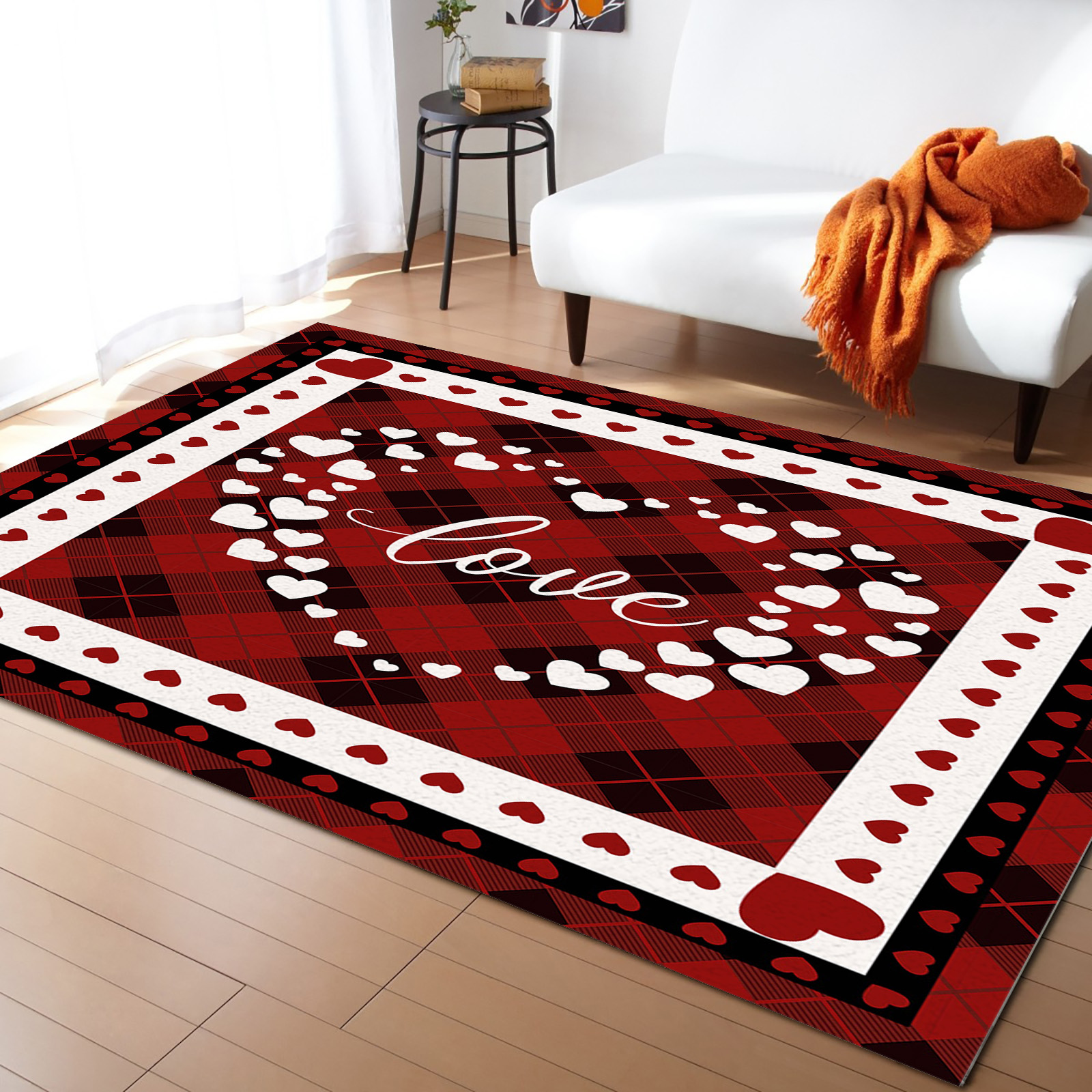 Area Rug 5'x7' Valentine's Day Love Heart Black and Red Buffalo Plaid ...