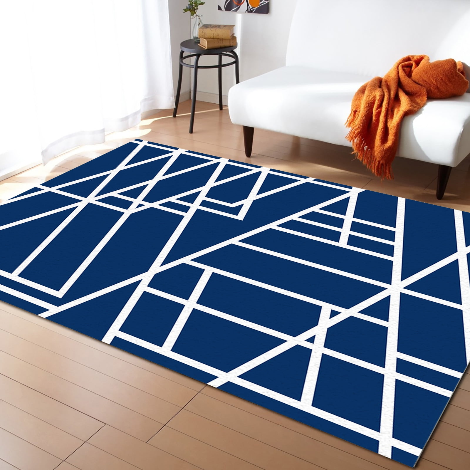 Area Rug 5'x8' Abstract Geometric White Line Blue Texture Washable Area ...