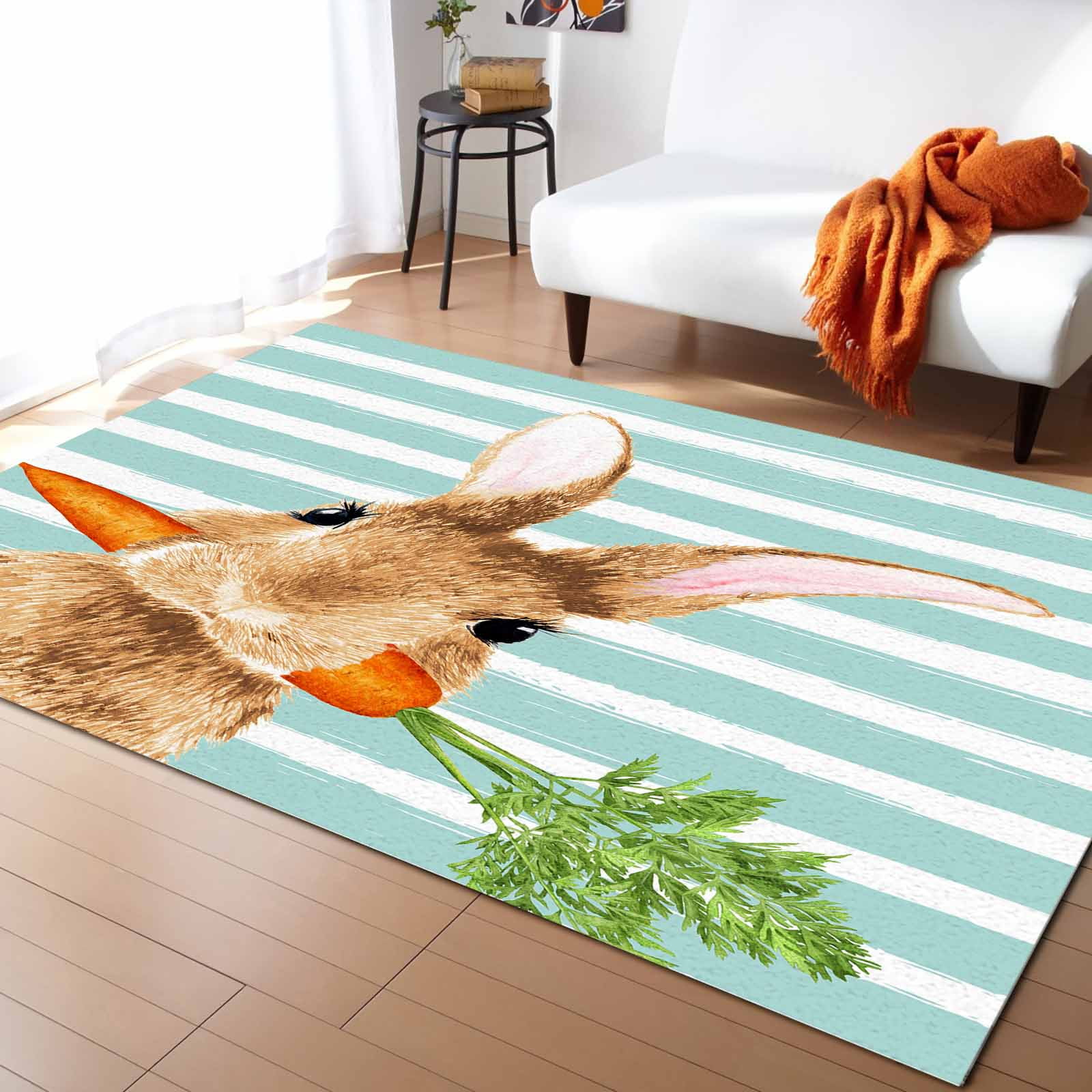 Area Rug 5'x8' Brown Easter Bunny Rabbit with Carrot Teal Striped ...