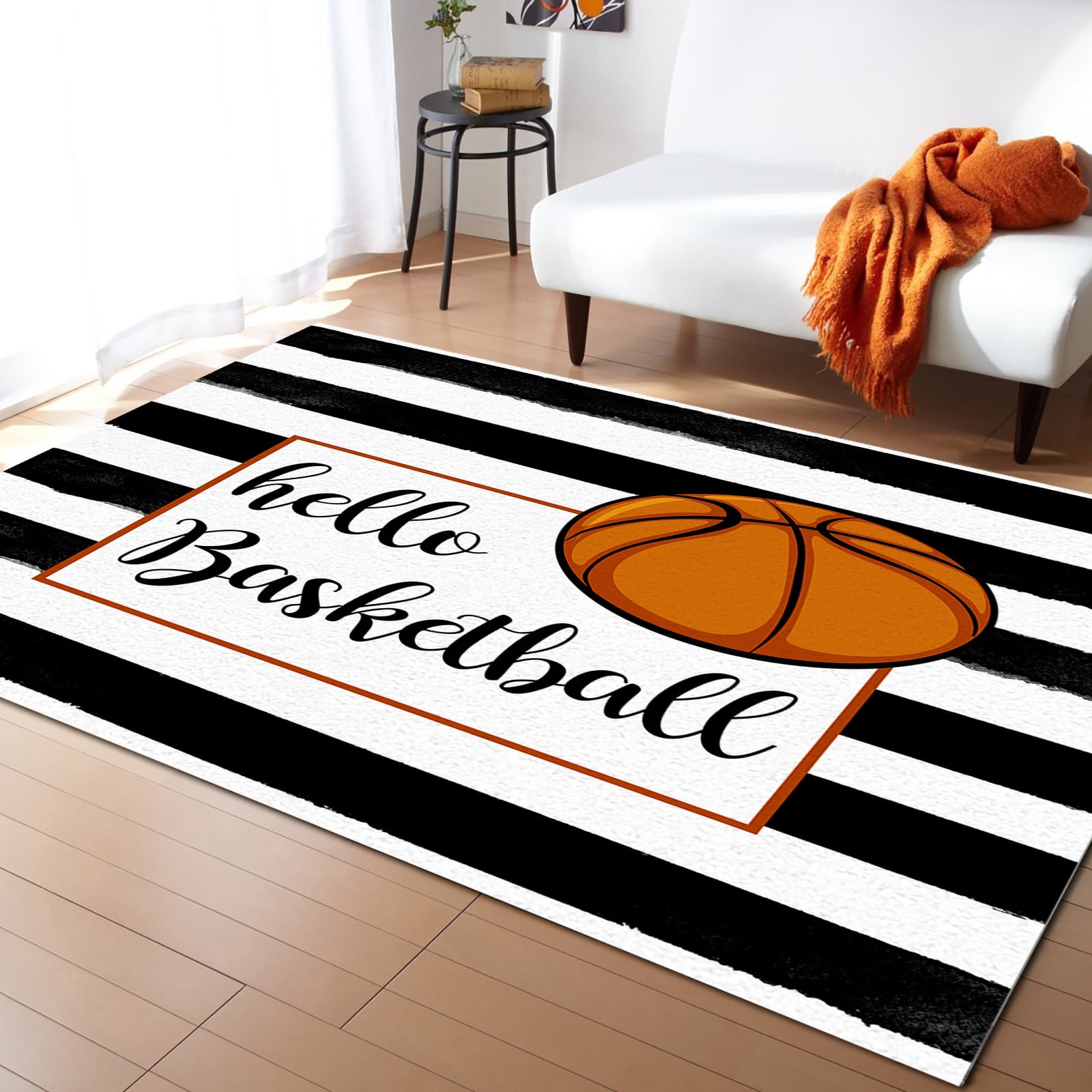 Area Rug 5'x8' Hello Basketball Black and White Stripe Washable Area ...