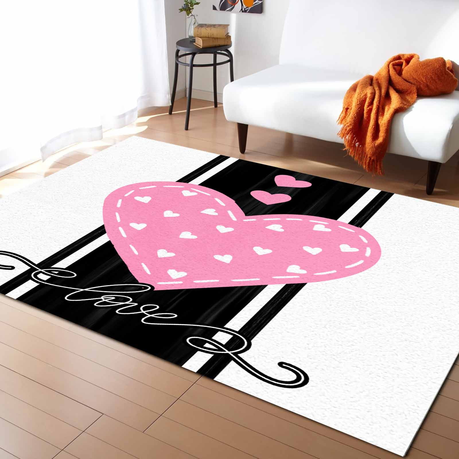 Area Rug 5'x8' Valentine's Day Pink Love Heart Black Vertical Stripe ...