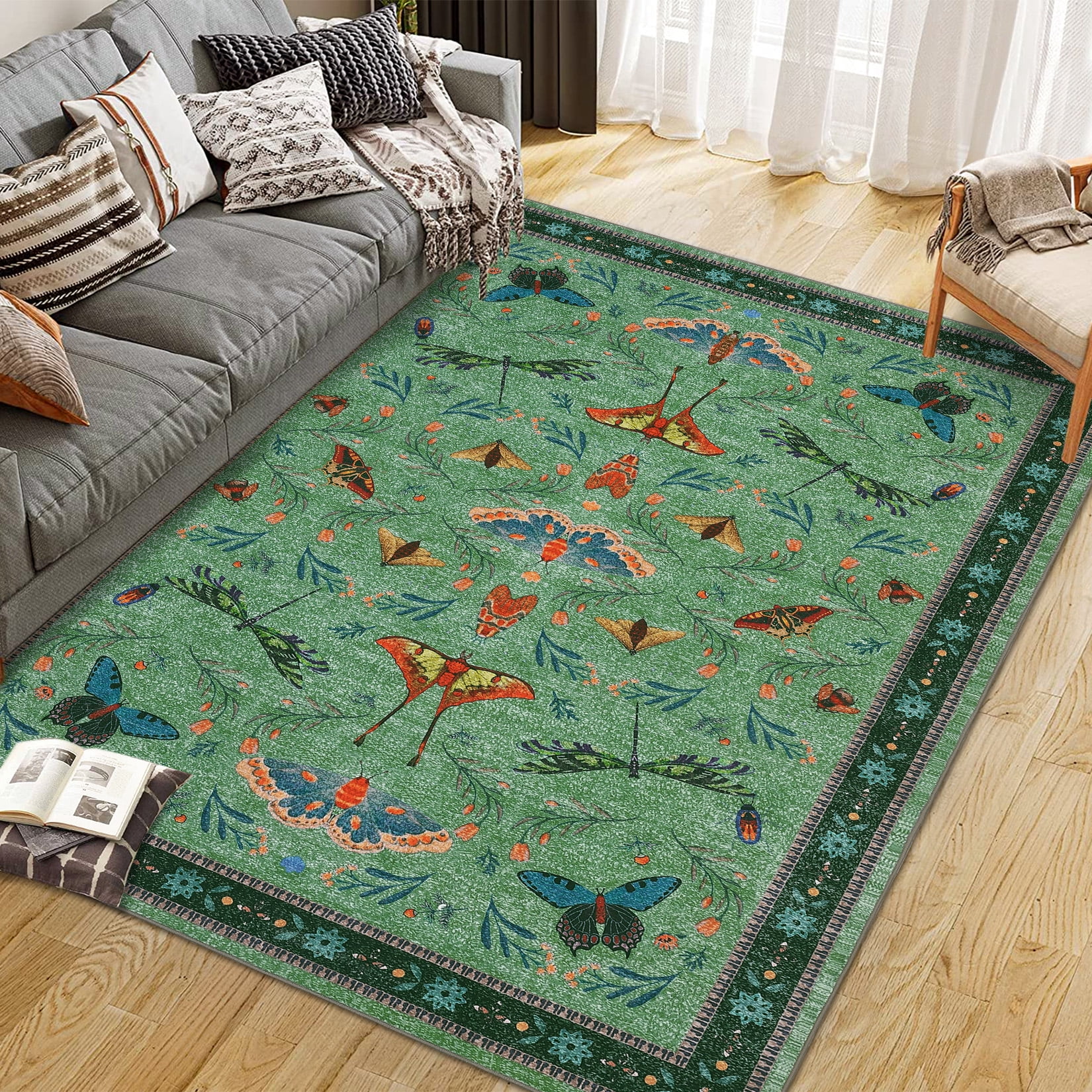 Area Rug 5x7 Indoor Floral Insect Pattern, Ultra Soft Machine Washable ...