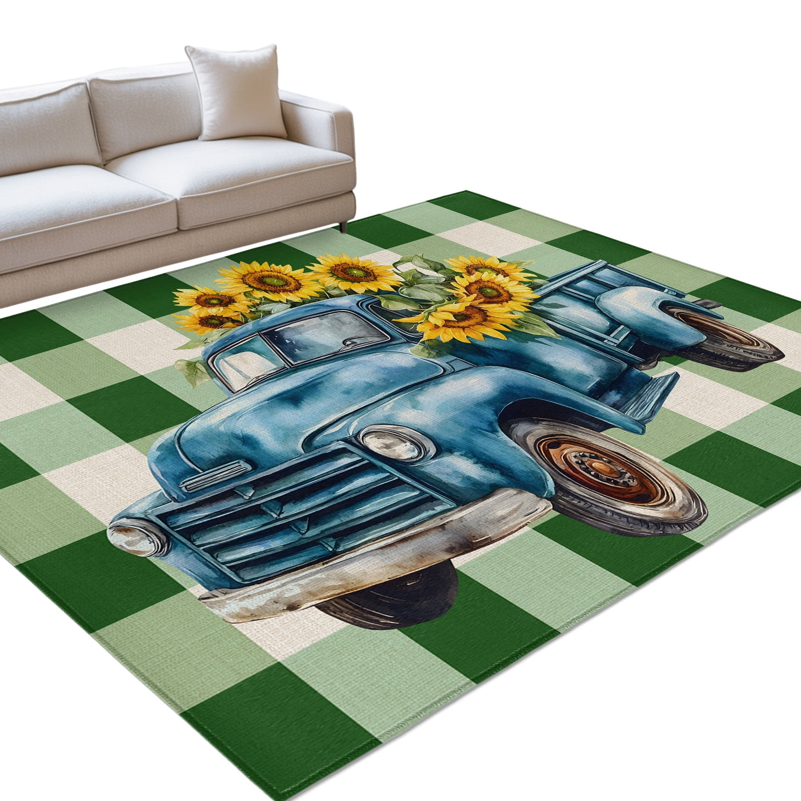 Area Rug 5x7ft Blue Truck Yellow Sunflower Washable Area Rugs for ...
