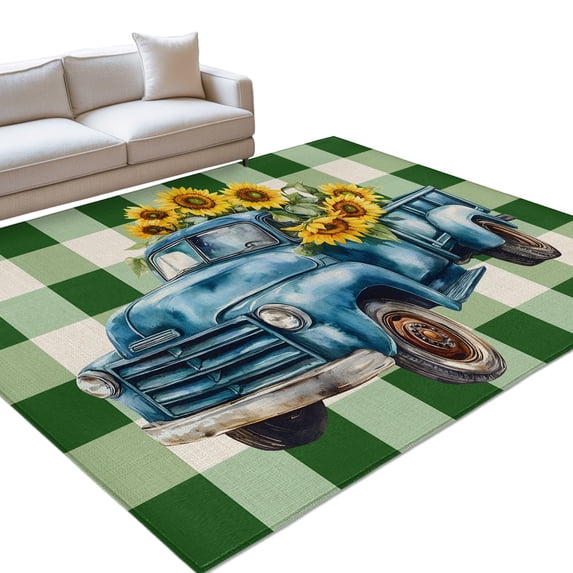 Area Rug 5x7ft Blue Truck Yellow Sunflower Washable Area Rugs for ...
