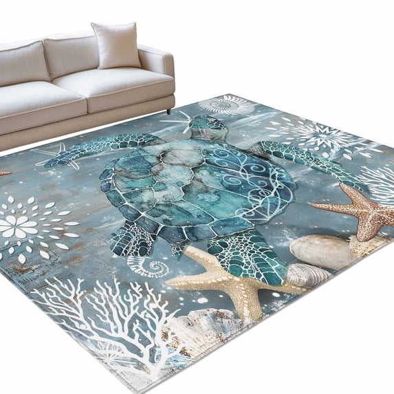 Area Rug 5x7ft Coastal Turtle Starfish Coral Washable Area Rugs for ...