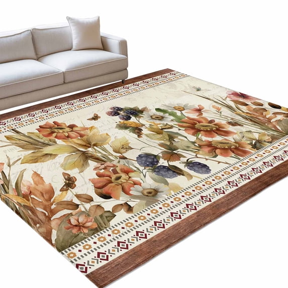 Area Rug 5x7ft Flowers Berries Butterfly Washable Area Rugs for Living ...