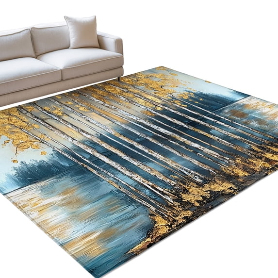 Area Rug 5x7ft Gold Forest Blue Lake Washable Area Rugs for Living Room ...