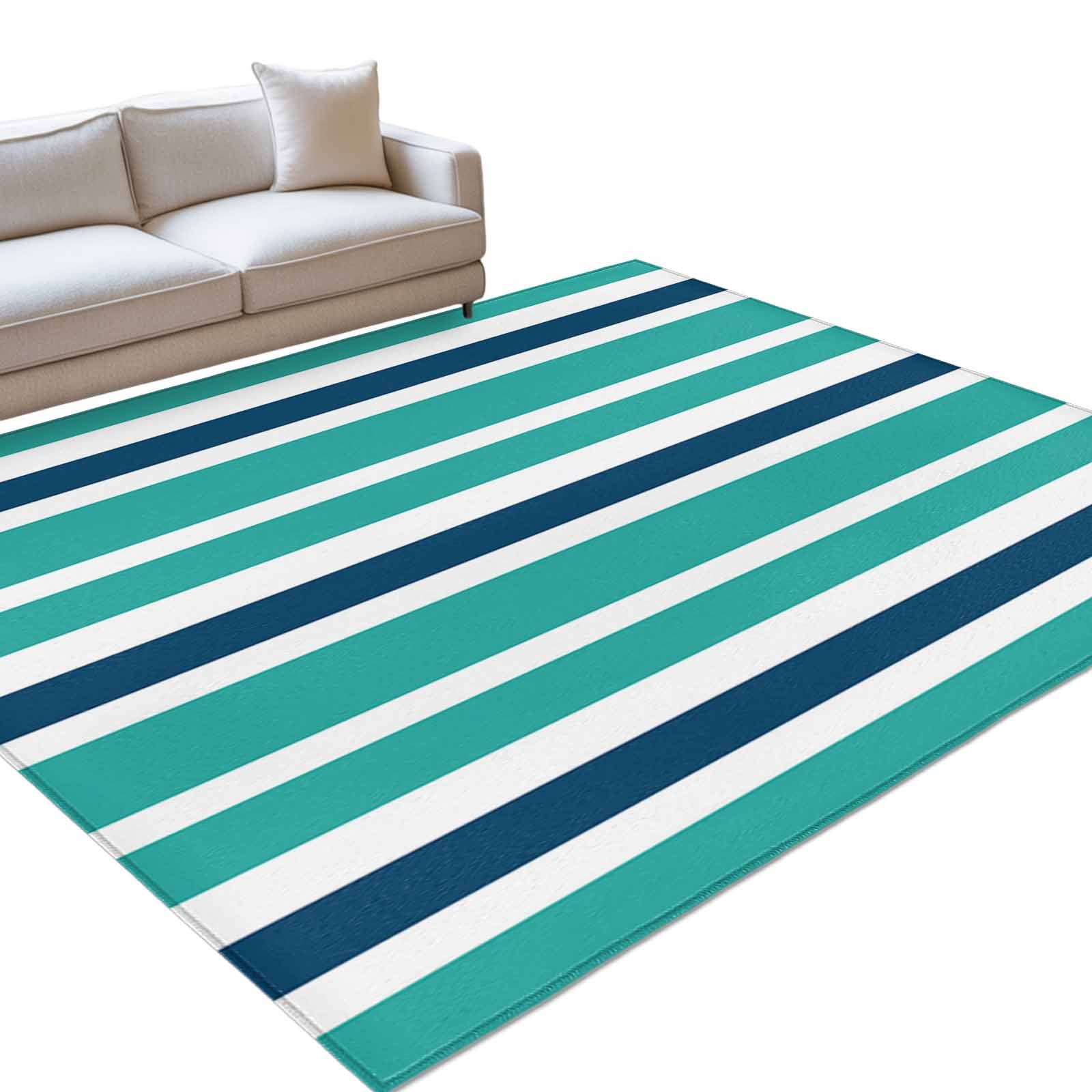 Area Rug 5x7ft Nave Blue, Teal Green and White Stripes Washable Area ...