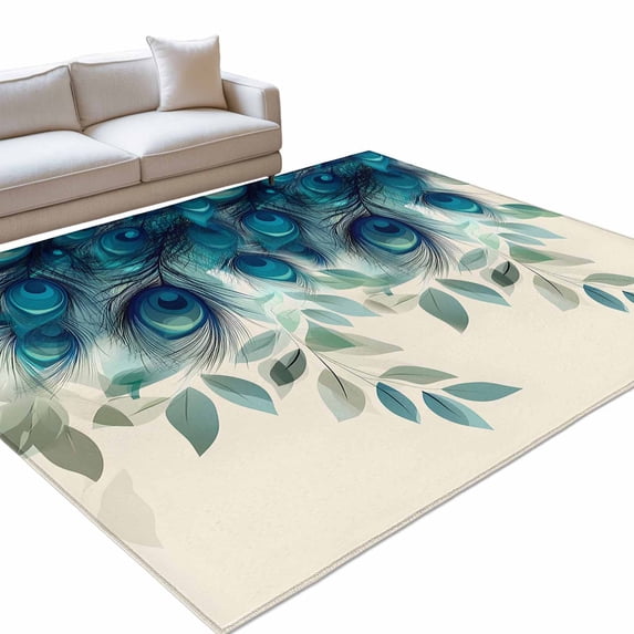 Area Rug 5x7ft Peacock Feather Washable Area Rugs for Living Room Teal ...
