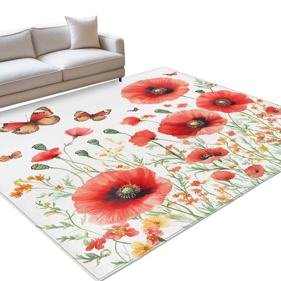 Area Rug 5x7ft Red Flowers Butterflies Washable Area Rugs for Living ...