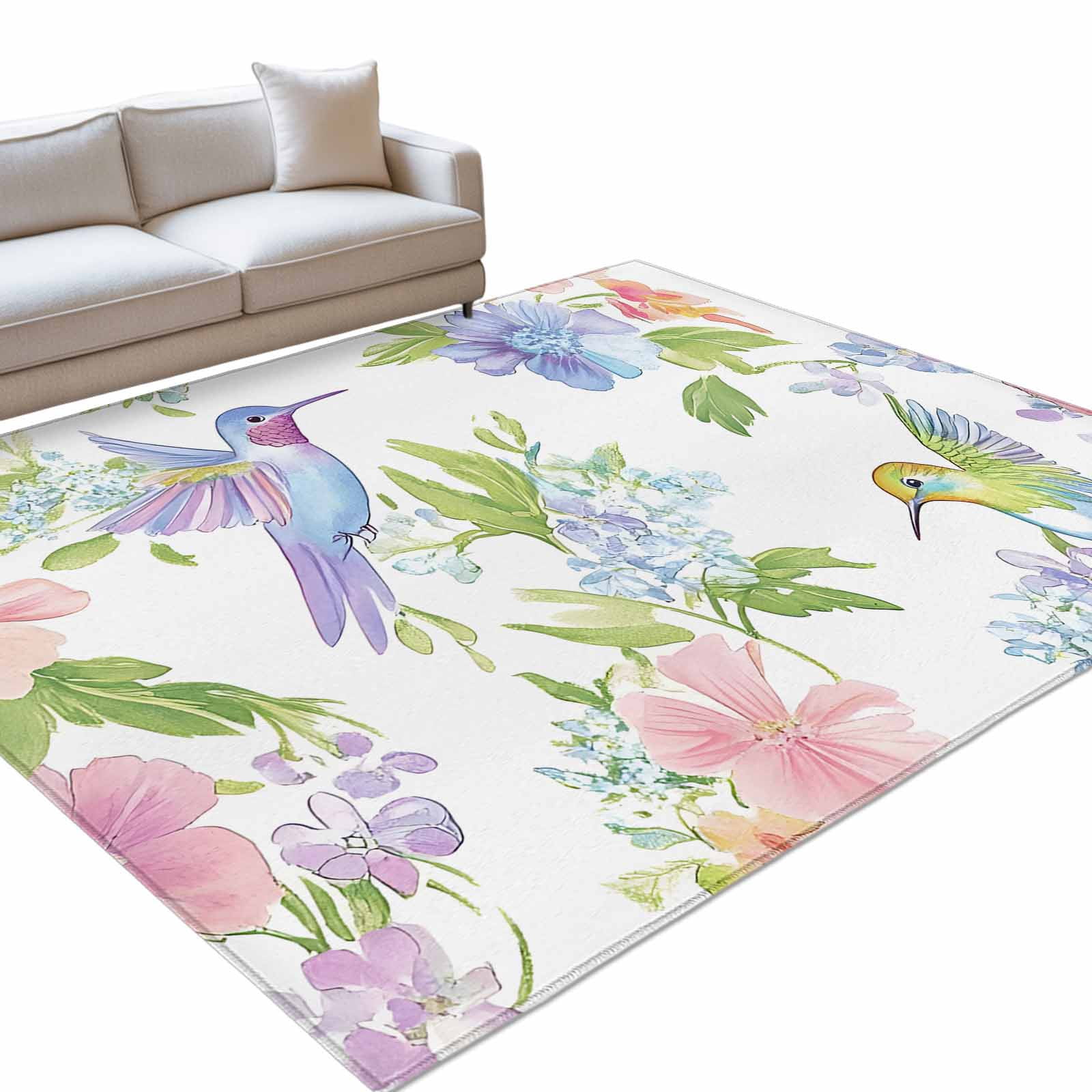 Area Rug 5x7ft Spring Floral Washable Area Rugs for Living Room Bird ...