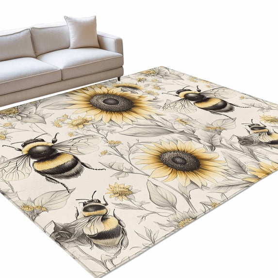 Area Rug 5x7ft Sunflower Bees Washable Area Rugs for Living Room Retro ...