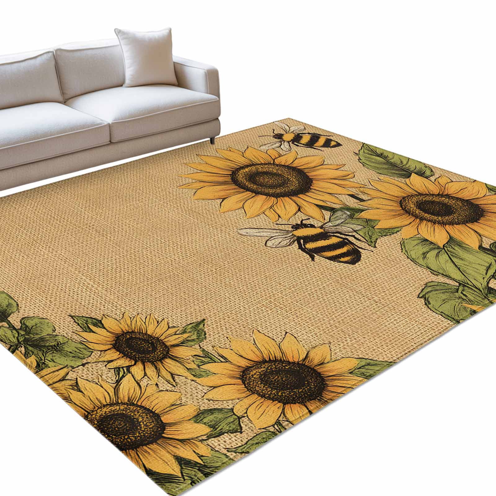 Area Rug 5x7ft Sunflower Leaf Washable Area Rugs for Living Room Bees ...