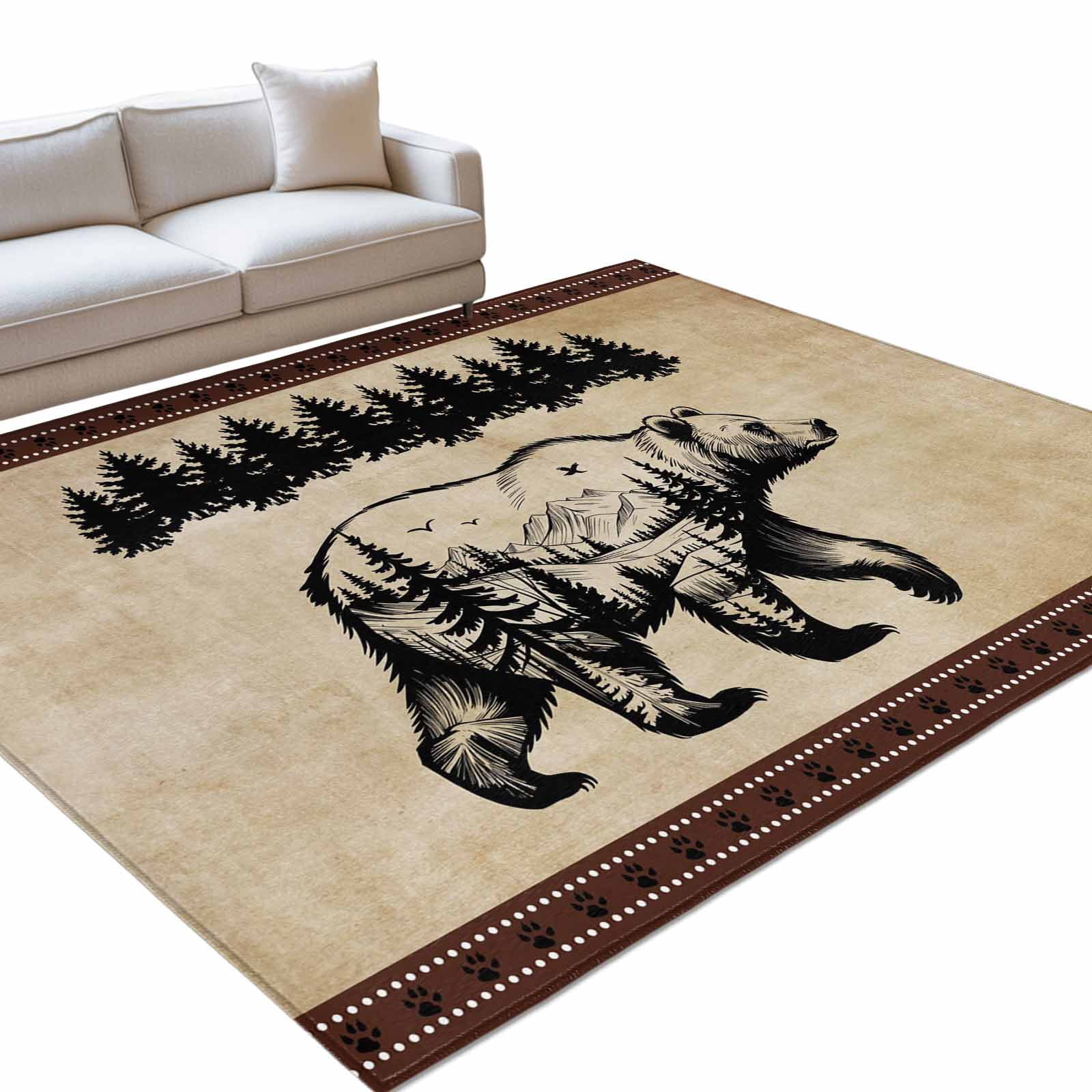 Area Rug 5x7ft Vintage Black Bear Pine Tree Silhouettes Washable Area ...