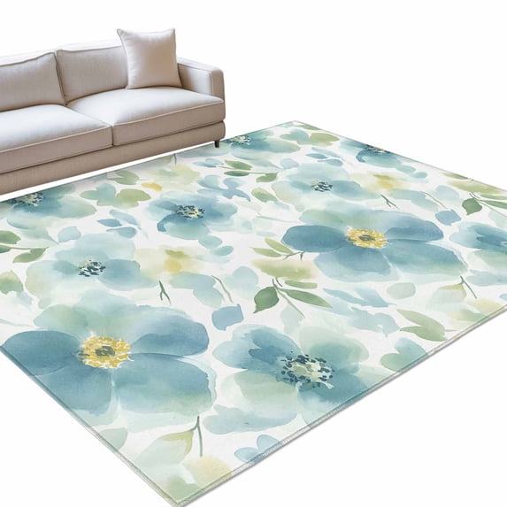Area Rug 5x7ft Watercolor Blue Green Flowers Washable Area Rugs for ...