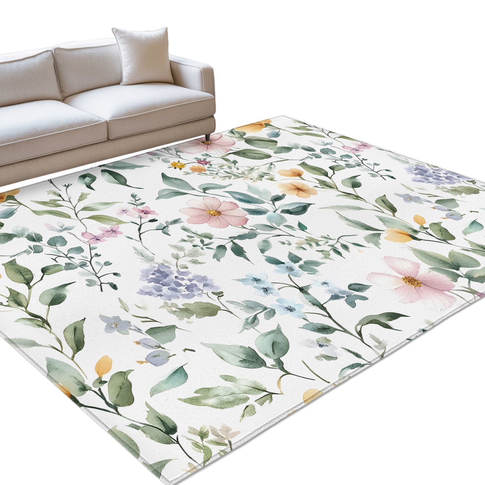 Area Rug 5x7ft Watercolor Flower Green Leaf Washable Area Rugs for ...