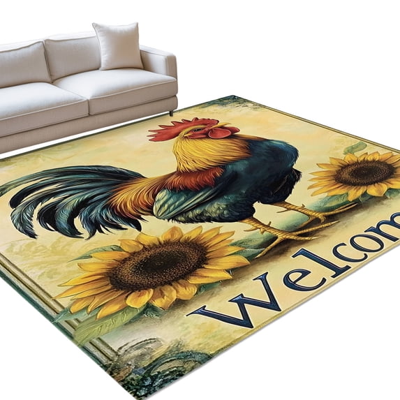 Area Rug 5x7ft Watercolor Rooster Sunflower Washable Area Rugs for ...