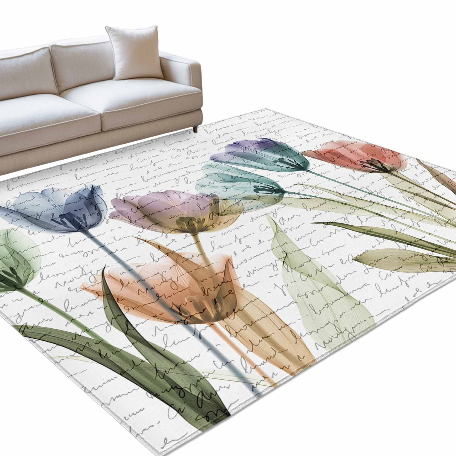 Area Rug 5x7ft Watercolor Tulip Retro Washable Area Rugs for Living ...