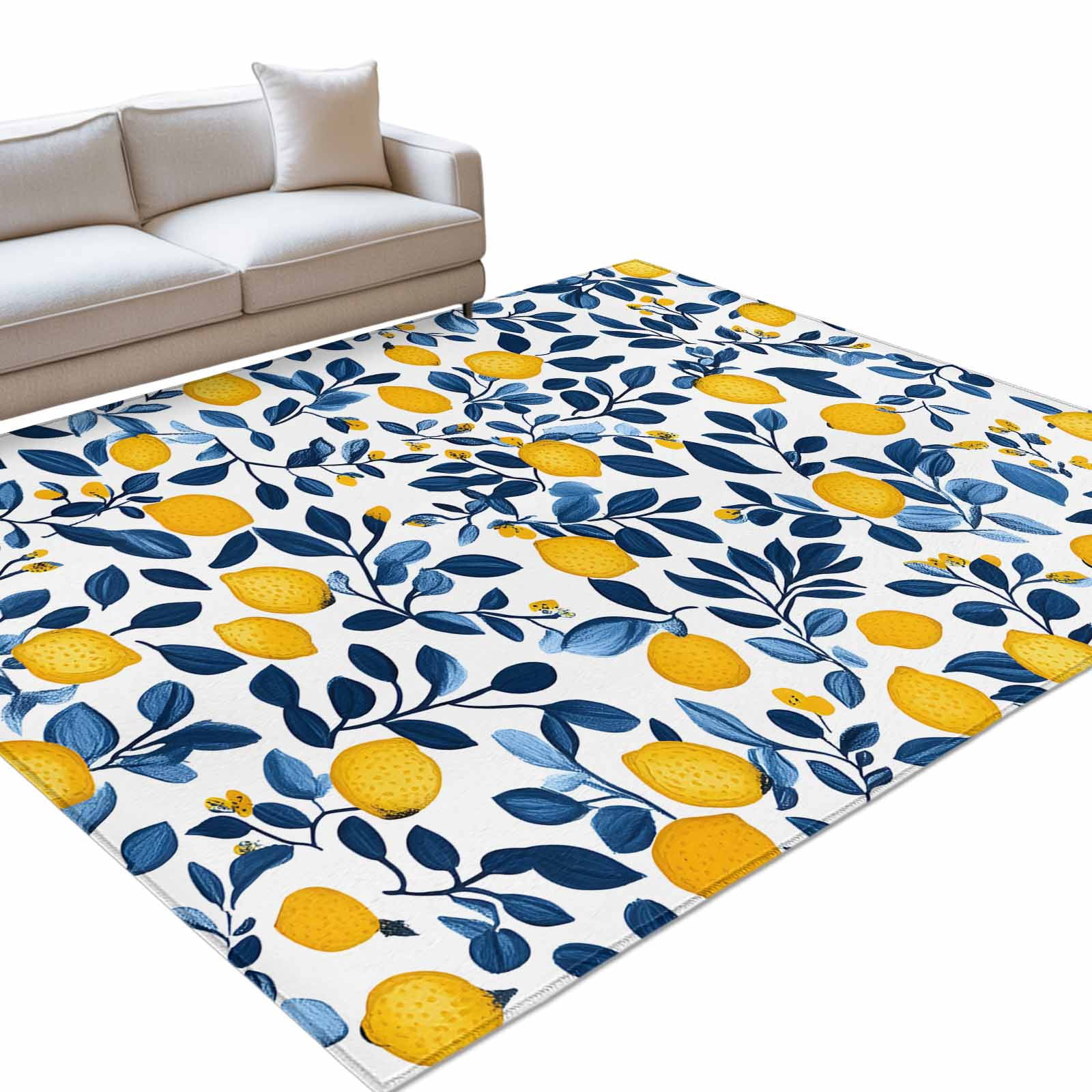 Area Rug 5x7ft Watercolor Yellow Lemon Blue Leaves Washable Area Rugs ...
