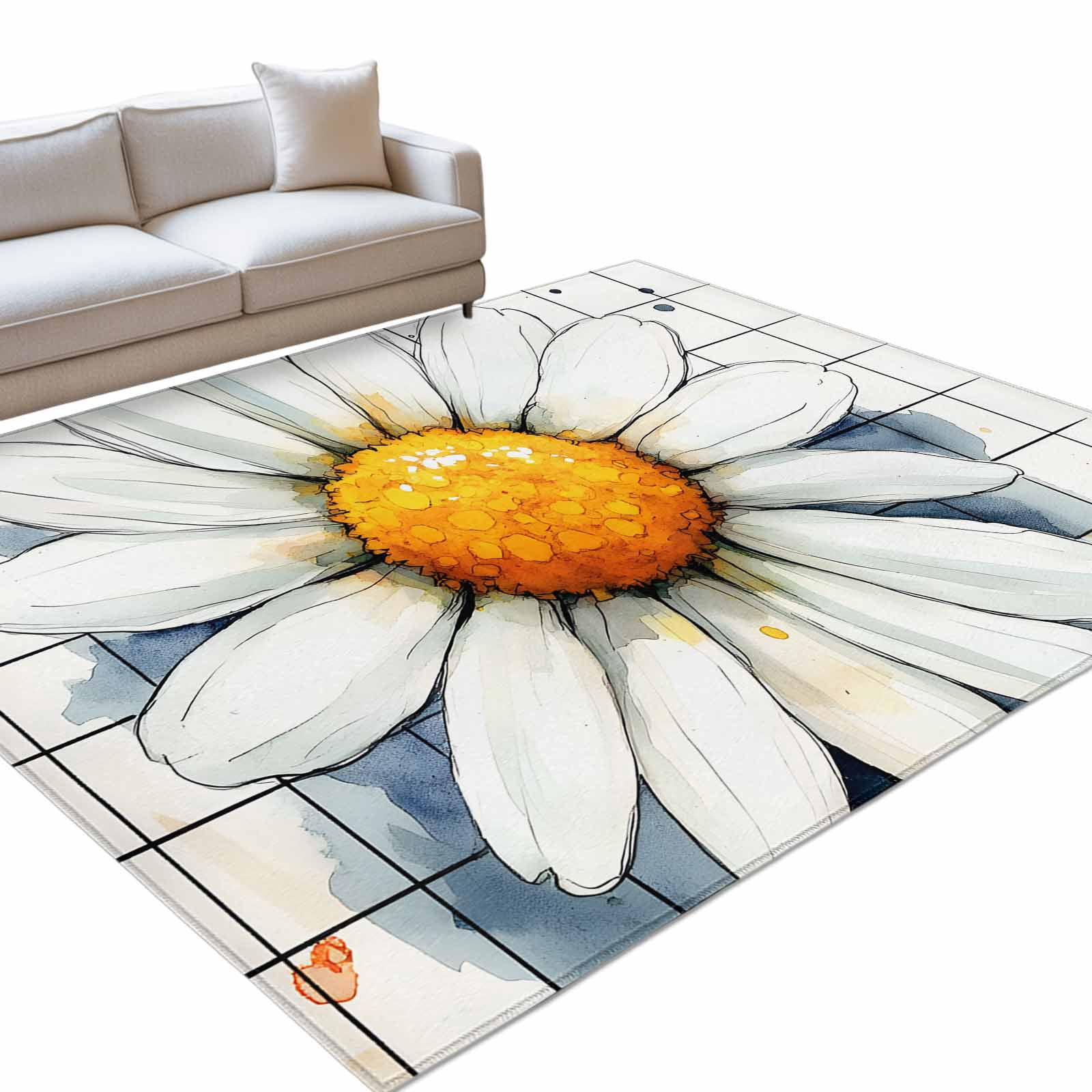 Area Rug 5x7ft White Daisy Washable Area Rugs for Living Room Retro Art ...