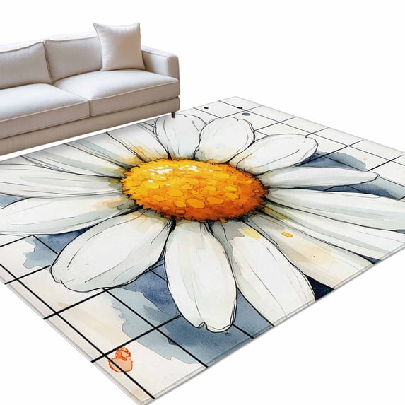 Area Rug 5x7ft White Daisy Washable Area Rugs for Living Room Retro Art ...
