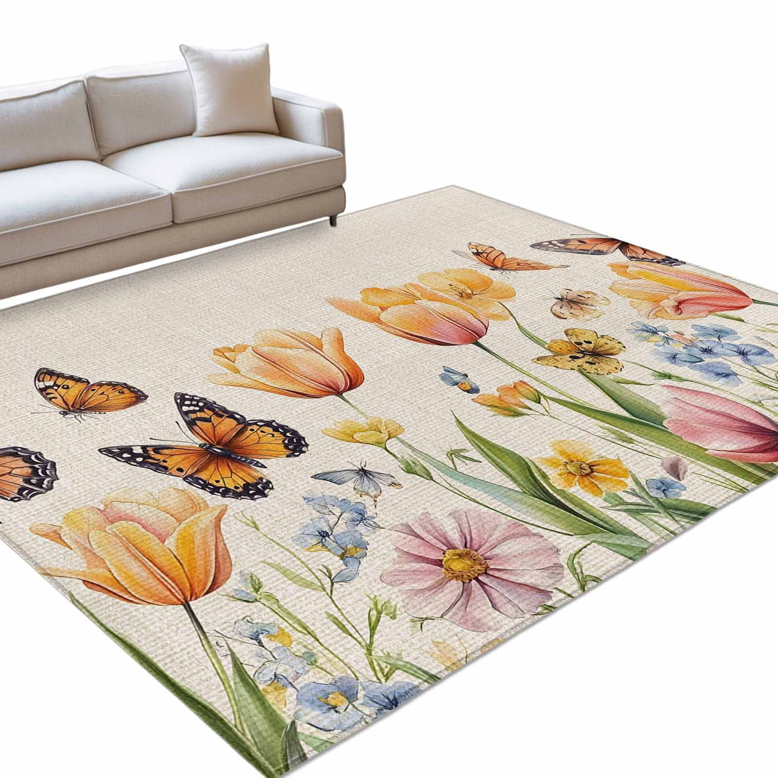 Area Rug 5x7ft Yellow Floral Butterfly Washable Area Rugs for Living ...