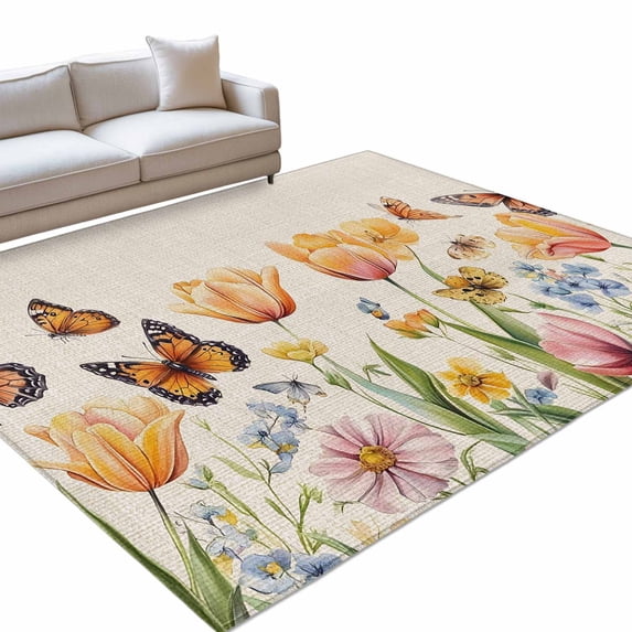Area Rug 5x7ft Yellow Floral Butterfly Washable Area Rugs for Living ...