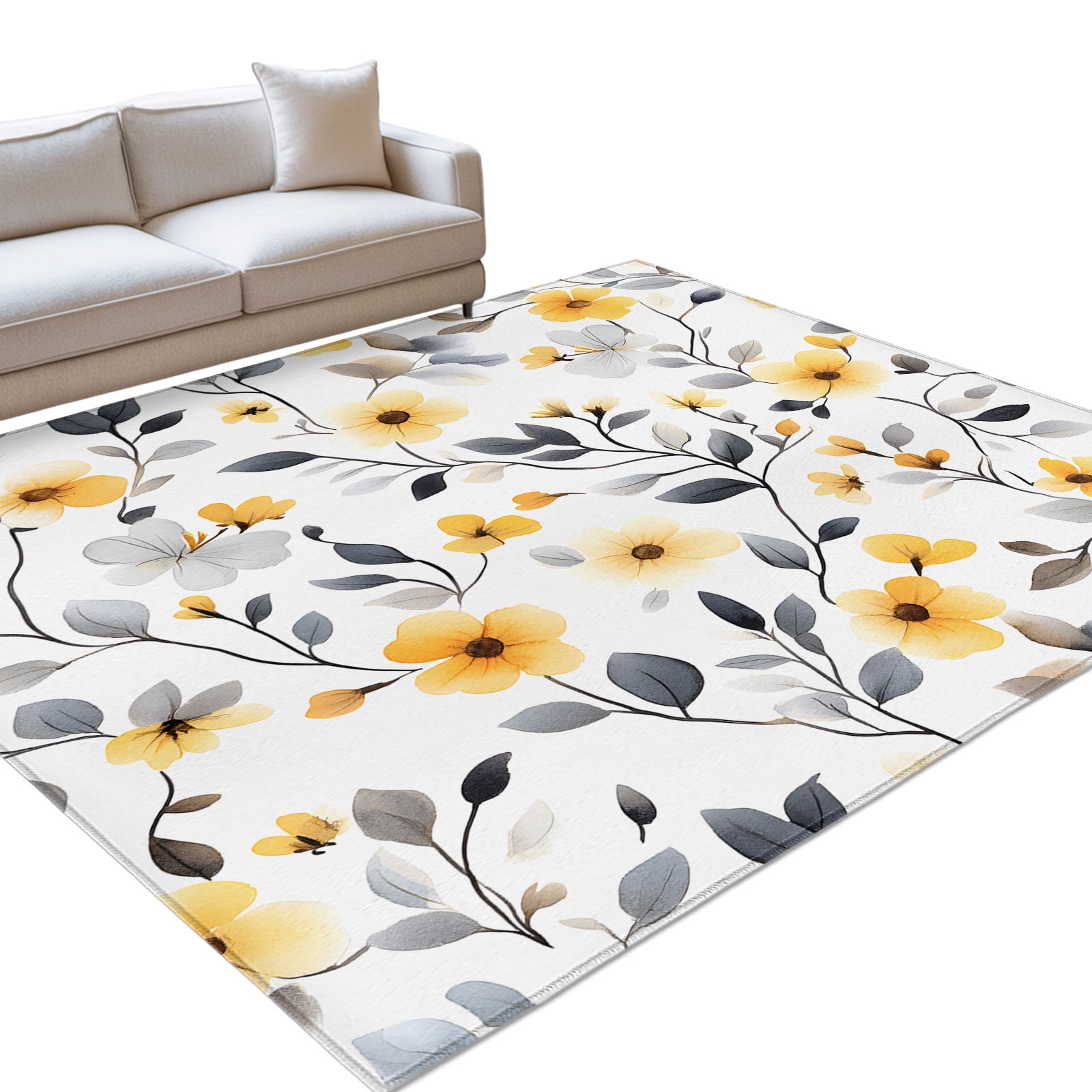Area Rug 5x7ft Yellow Flowers Leaf Washable Area Rugs for Living Room ...