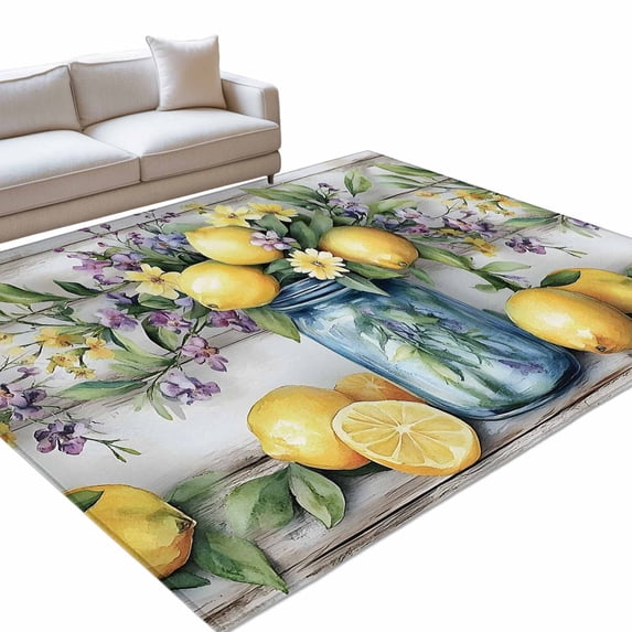 Area Rug 5x7ft Yellow Lemon Purple Floral Washable Area Rugs for Living ...