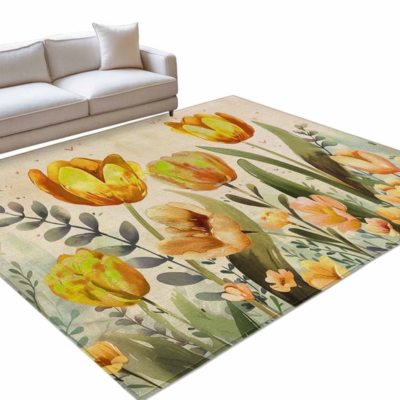 Area Rug 5x7ft Yellow Tulip Flower Floral Washable Area Rugs for Living ...