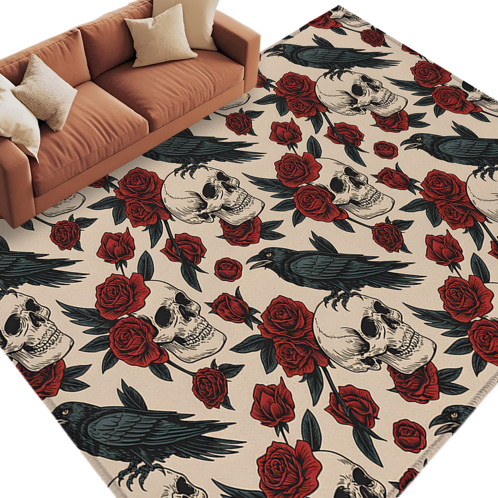 Area Rug 5x8ft, Abstract Skull Crow Red Flower Washable Rugs for Living ...