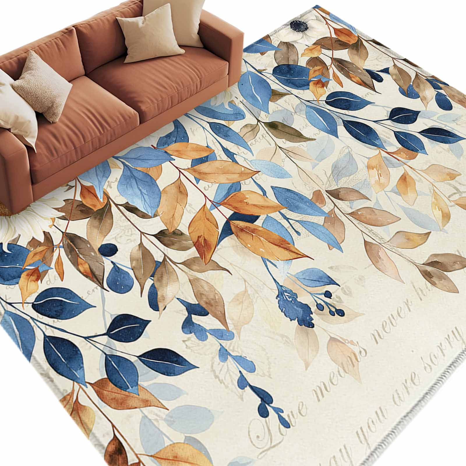 Area Rug 5x8ft, Autumn Blue Eucalyptus Leaves Watercolor Washable Rugs ...