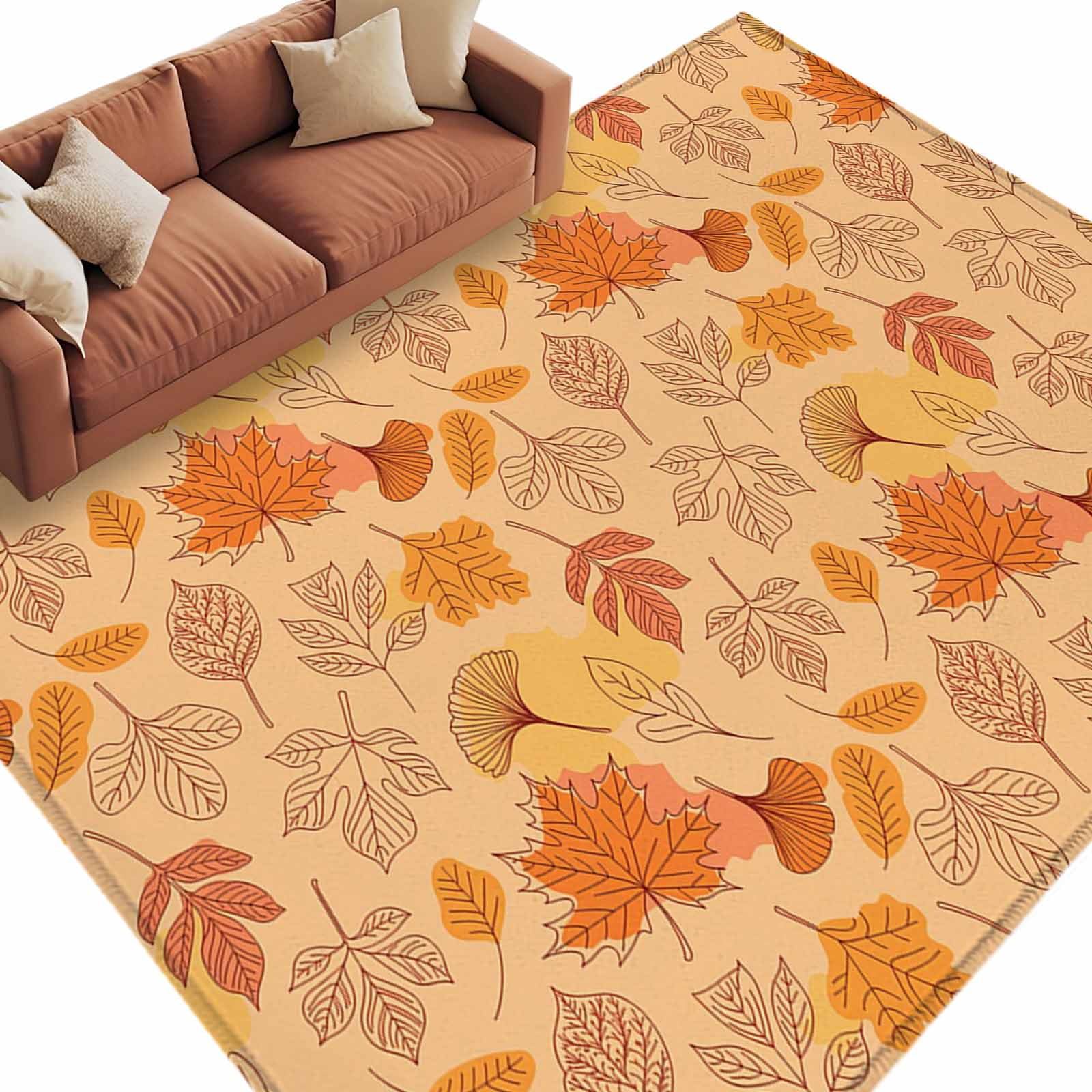 Area Rug 5x8ft, Autumn Leaves Orange Watercolor Washable Rugs for ...