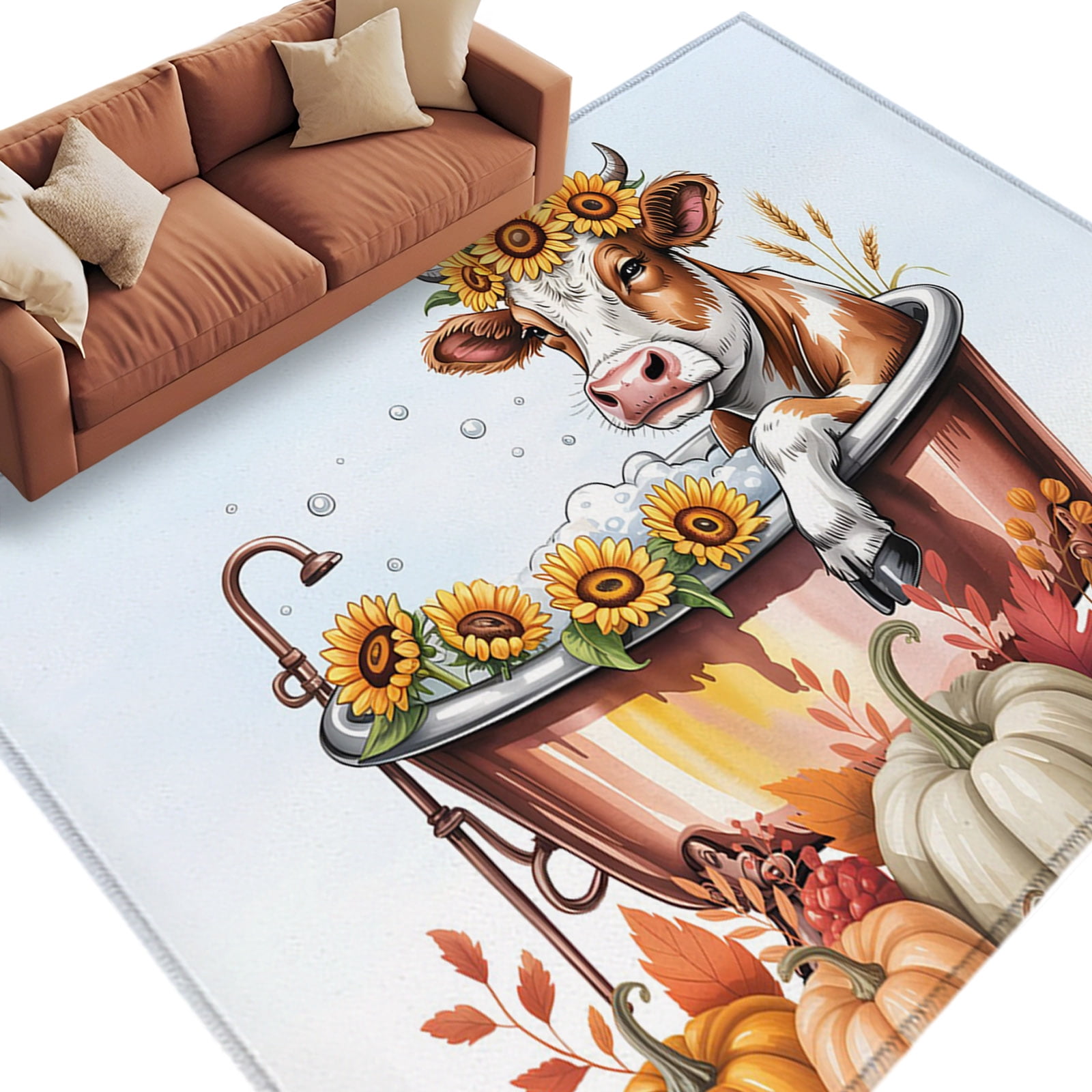 Area Rug 5x8ft, Autumn Leaves Pumpkin Sunflower Cow Washable Rugs for ...