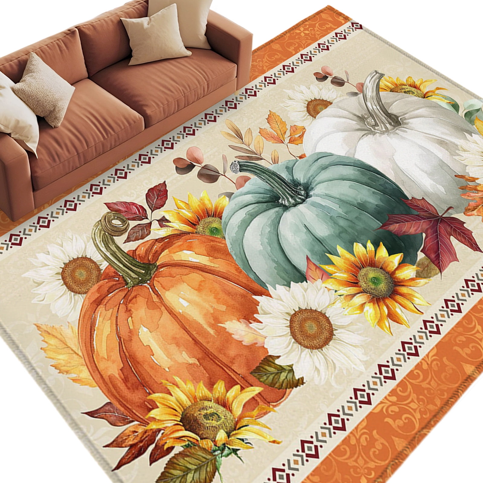 Area Rug 5x8ft, Autumn Thanksgiving Watercolor Orange Pumpkin Washable ...