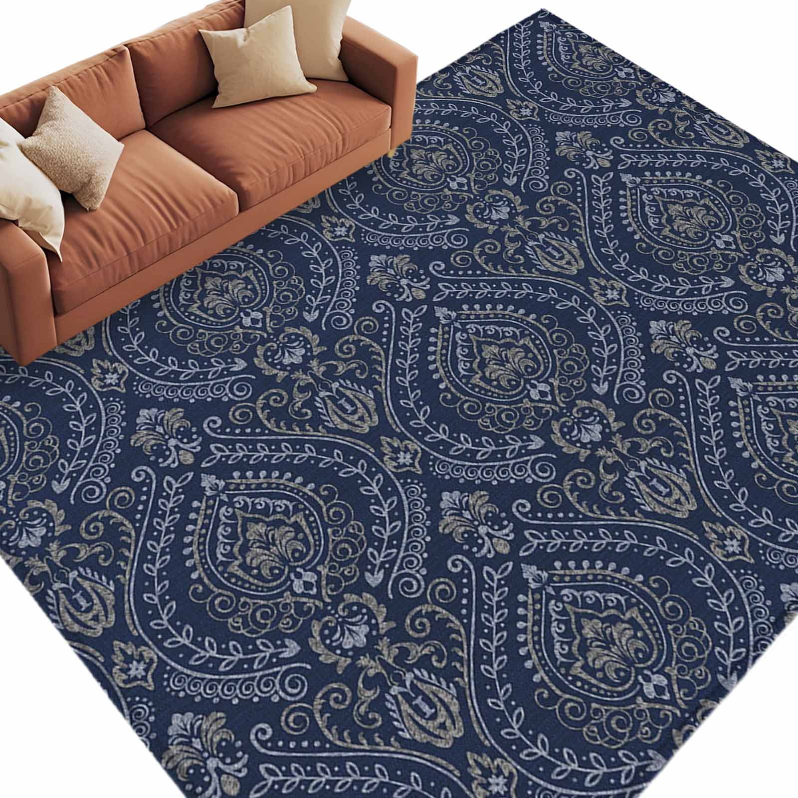Area Rug 5x8ft, Baroque Dark Blue Retro Floral Texture Washable Rugs ...