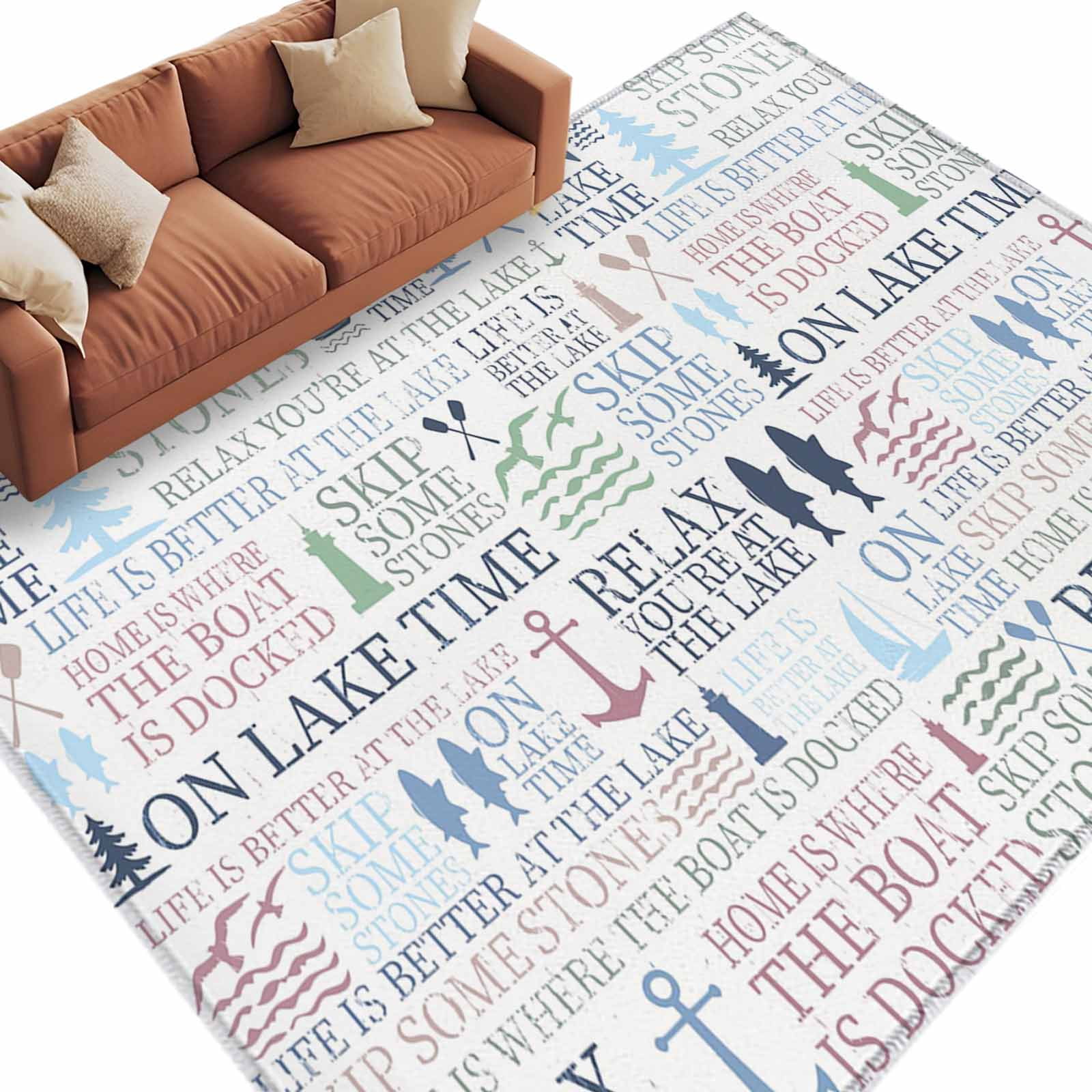 Area Rug 5x8ft, Blue Anchor Paddle Sailboat Lighthouse Tree Washable ...