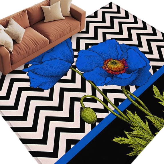 Area Rug 5x8ft, Blue Poppy Flower Retro Boho Washable Rugs for Living ...