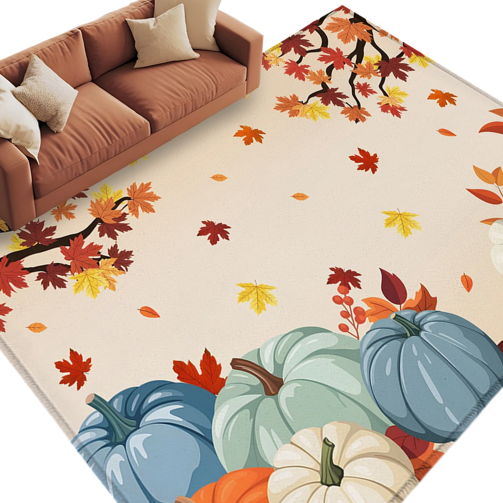Area Rug 5x8ft, Blue Pumpkin Thanksgiving Fall Washable Rugs for Living ...