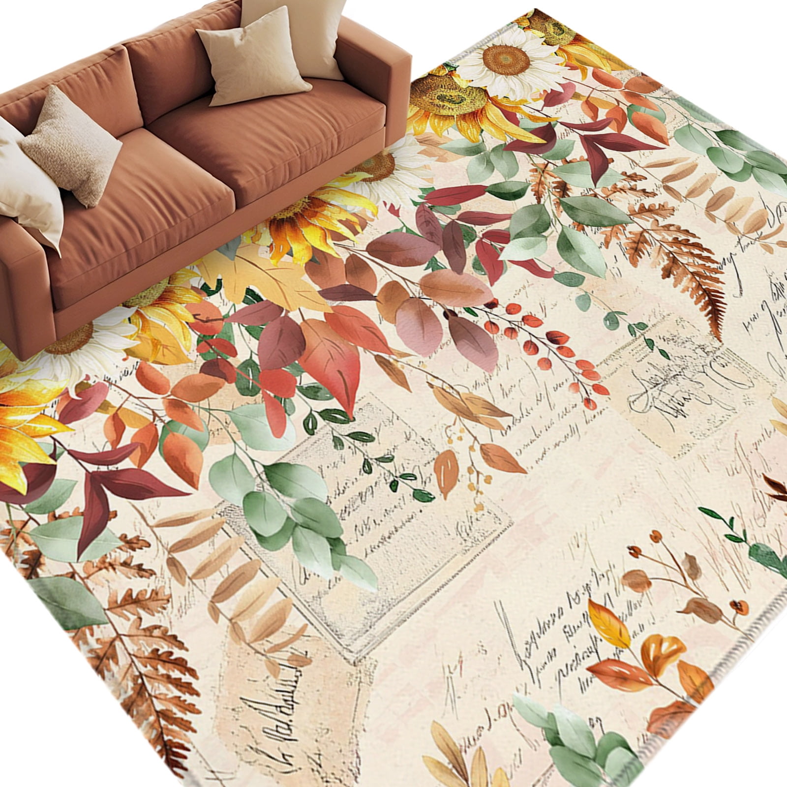 Area Rug 5x8ft, Fall Foliage Rustic Golden Sunflower Washable Rugs for ...