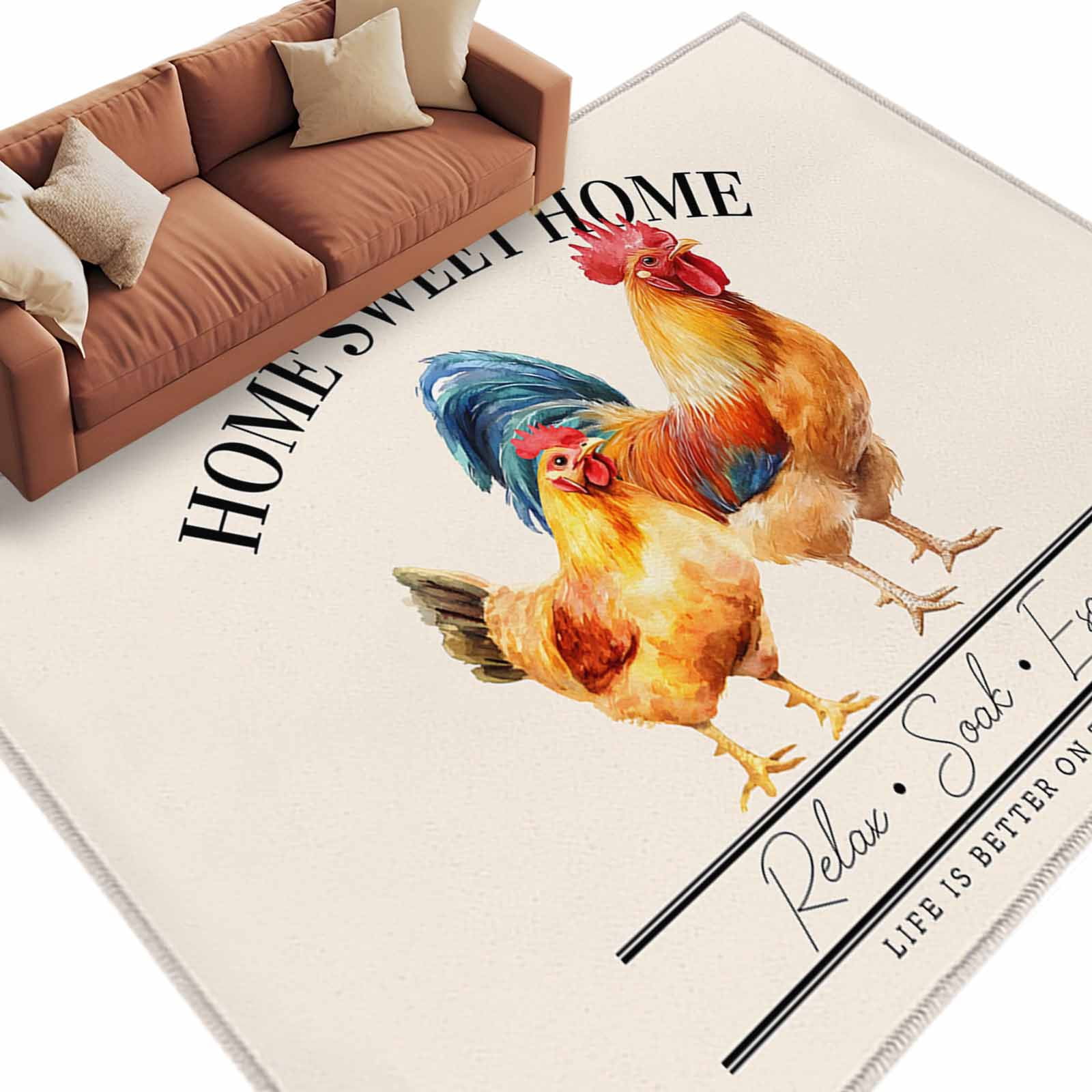 Area Rug 5x8ft, Farm Rooster Watercolor Animal Washable Rugs for Living ...