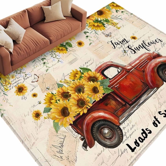 Area Rug 5x8ft, Farmhouse Red Truck Sunflower Washable Rugs for Living ...