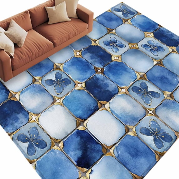 Area Rug 5x8ft, Flower Leaf Blue Plaid Abstract Geometric Washable Rugs ...