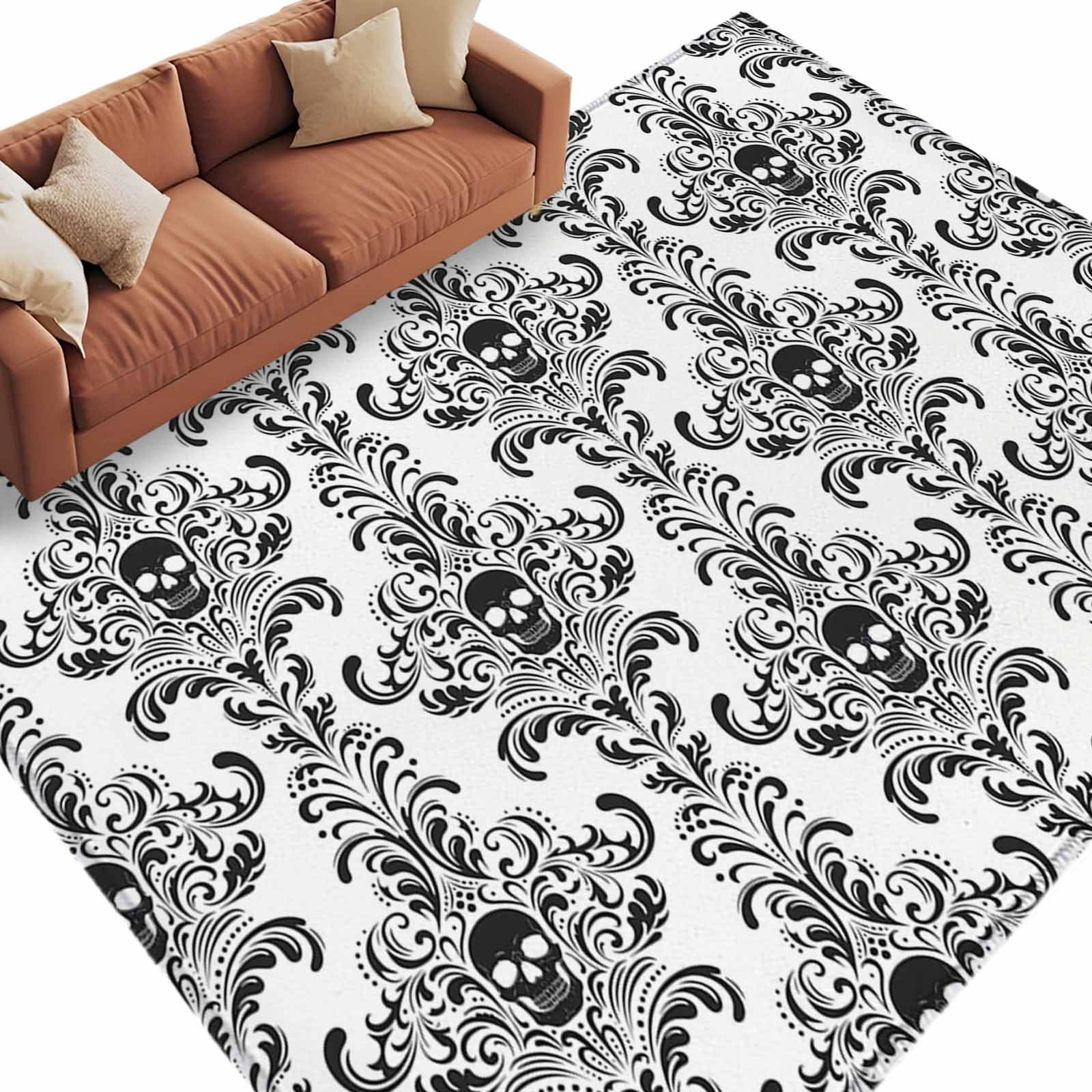 Area Rug 5x8ft, Halloween Horror Skeleton Skull Flower Seamless ...
