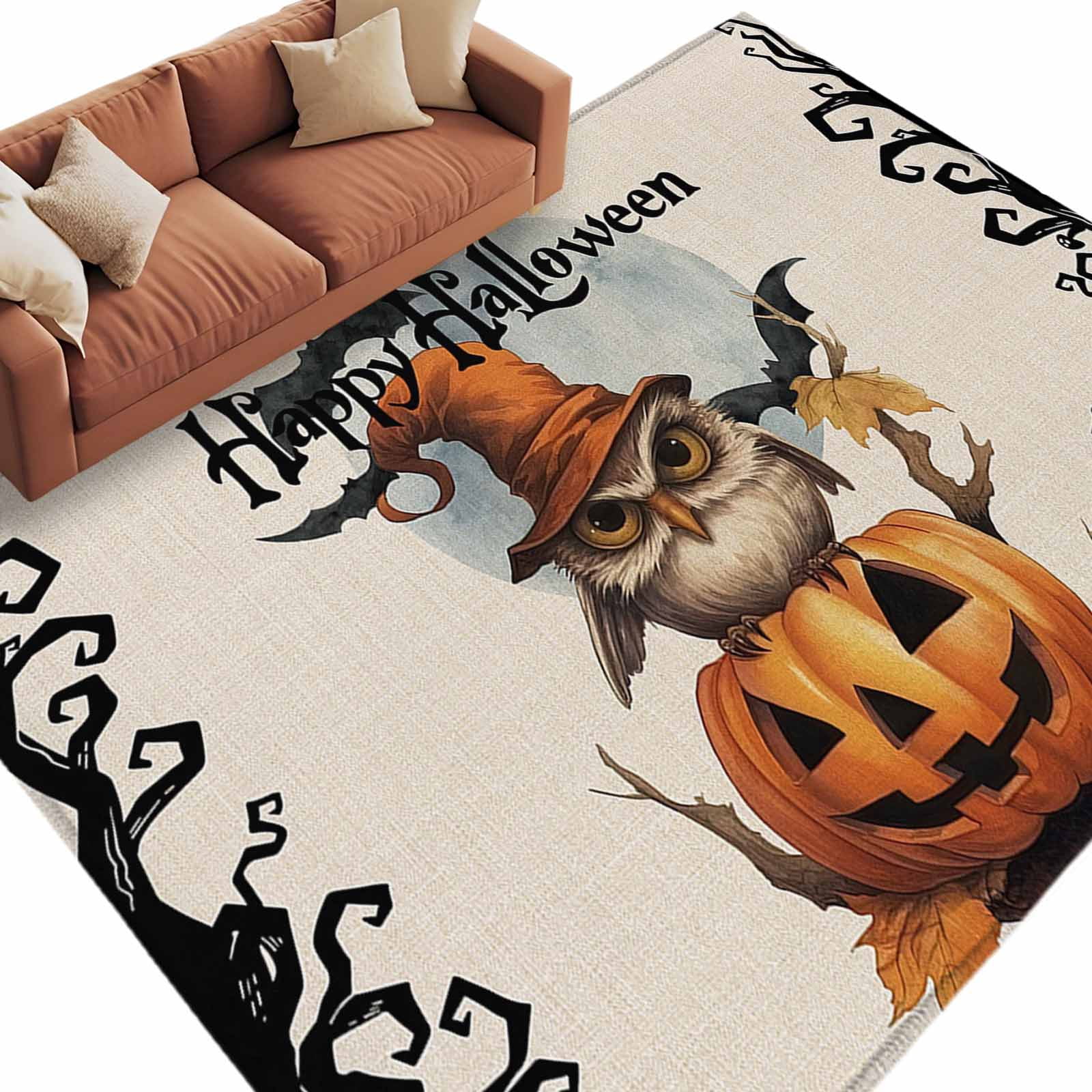 Area Rug 5x8ft, Halloween Owl Pumpkin Ghost Washable Rugs for Living ...