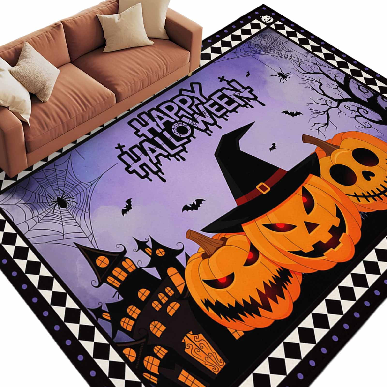 Area Rug 5x8ft, Halloween Pumpkin Ghost Witch Hat Crow Washable Rugs ...