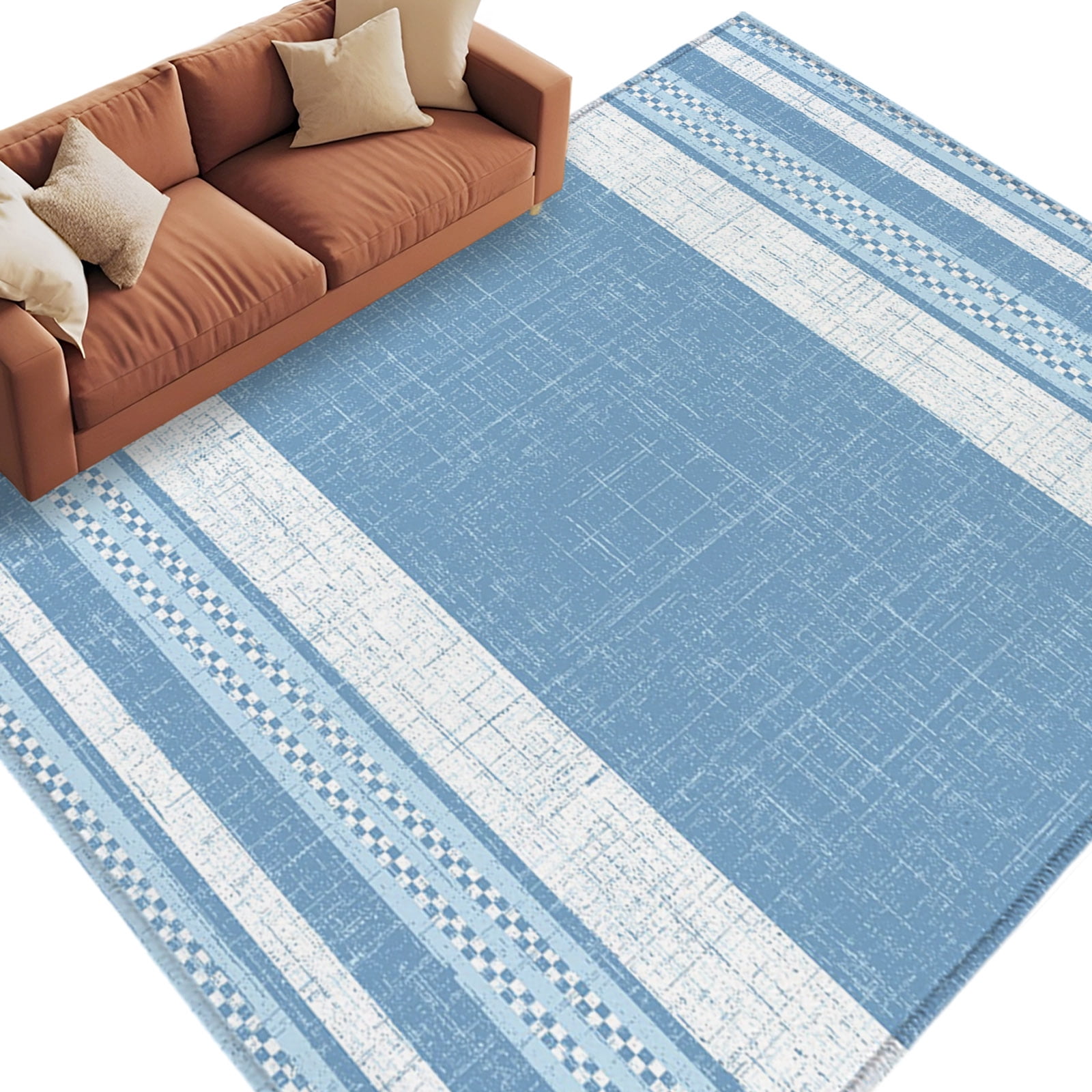 Area Rug 5x8ft, Light Blue Stripes Burlap Texture Washable Rugs for ...
