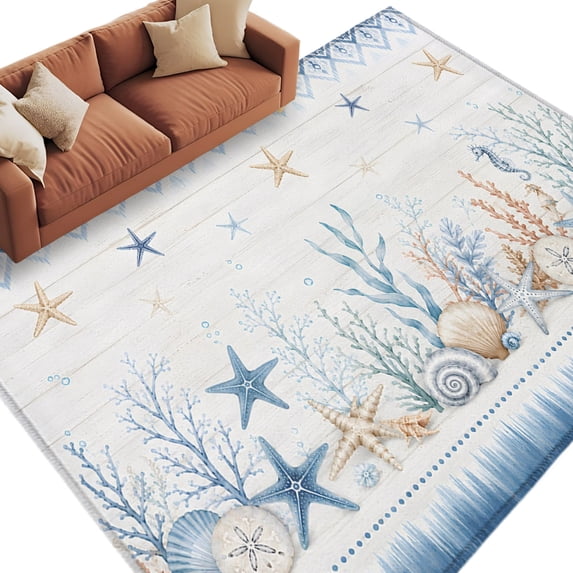 Area Rug 5x8ft, Ocean Starfish Shell Conch Washable Rugs for Living ...