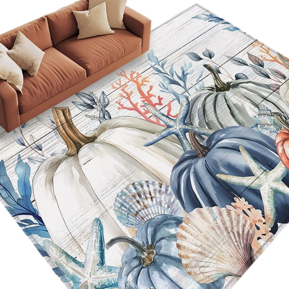 Area Rug 5x8ft, Pumpkin Thanksgiving Blue Starfish Ocean Shell Coral ...