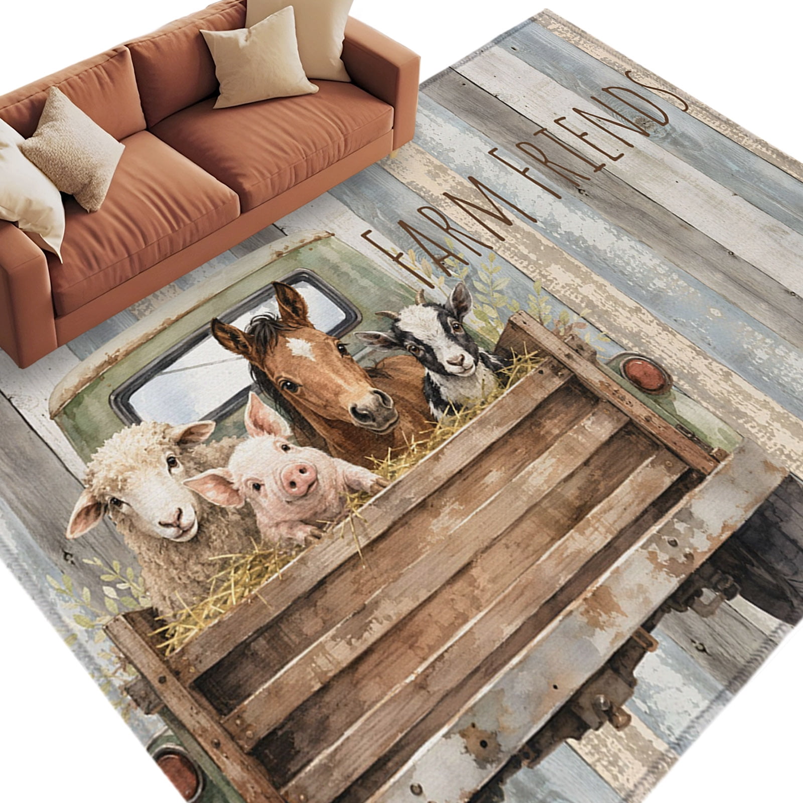 Area Rug 5x8ft, Rustic Sheep Pig Horse Cow Washable Rugs for Living ...